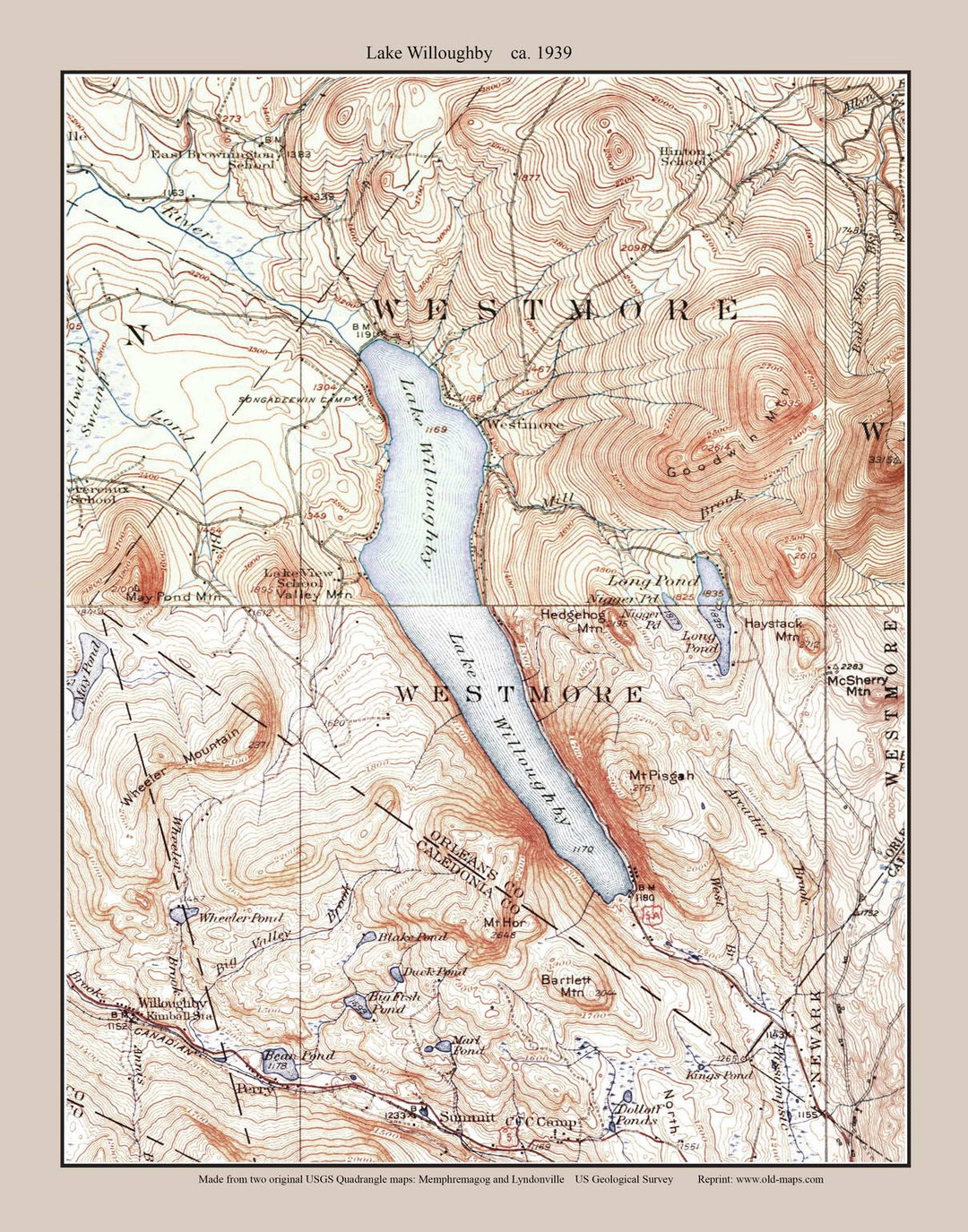 Lake Willoughby - 1939 Old Topographic Map USGS Custom Composite ...