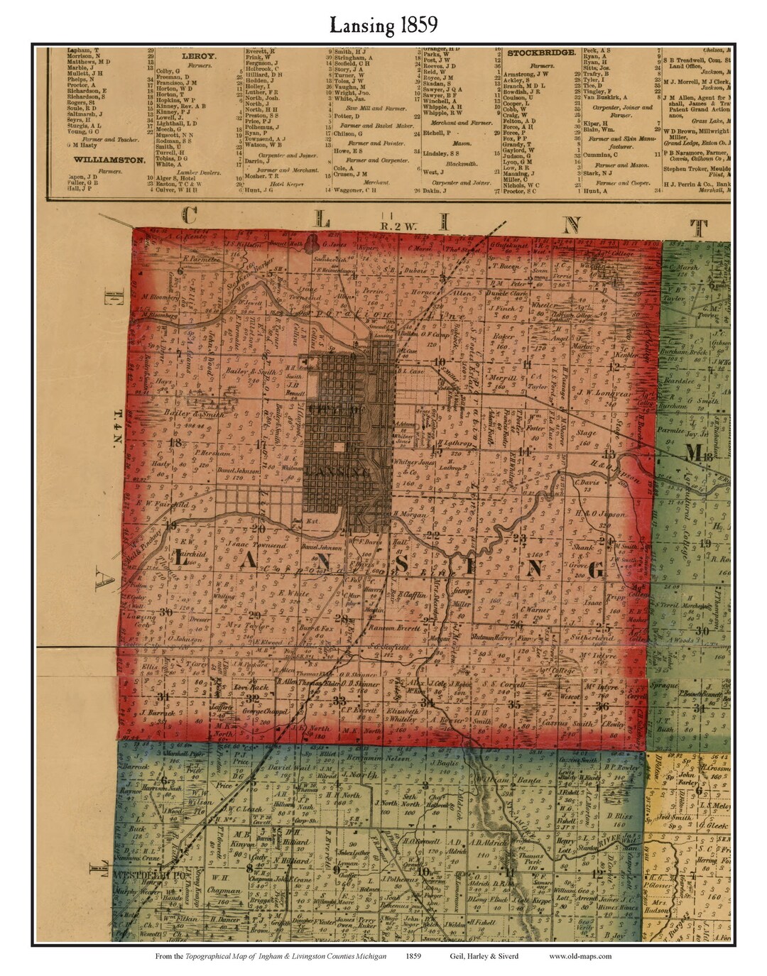 Lansing 1859 Old Town Map With Homeowner Names Michigan - Reprint ...