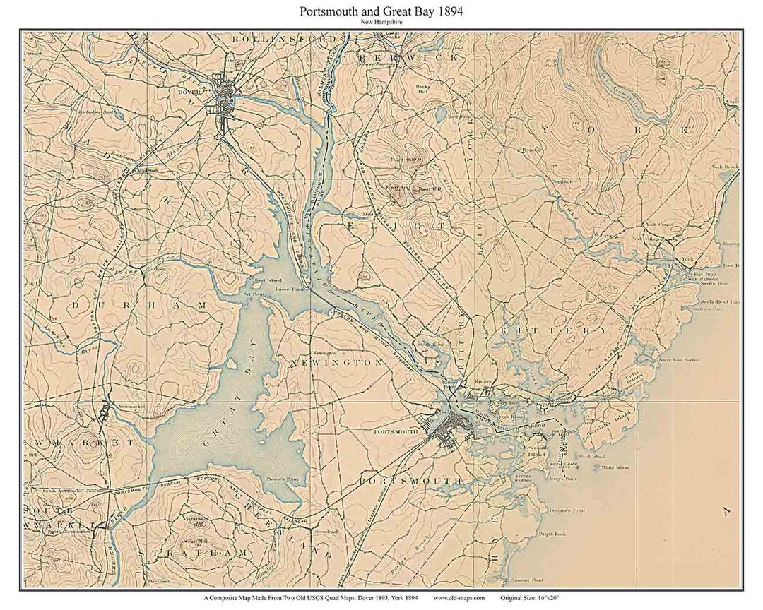 Portsmouth & Great Bay 1894 Old Topographic Map USGS - Custom Composite ...