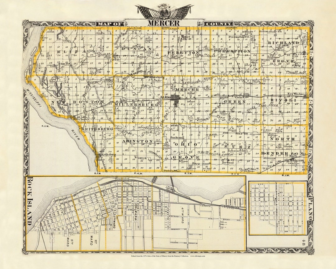 Mercer County Illinois 1876 Map Rock Island Plano Reprint With ...