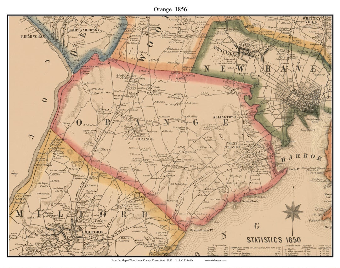 Orange 1856 Old Town Map With Homeowner Names Connecticut - Reprint New ...