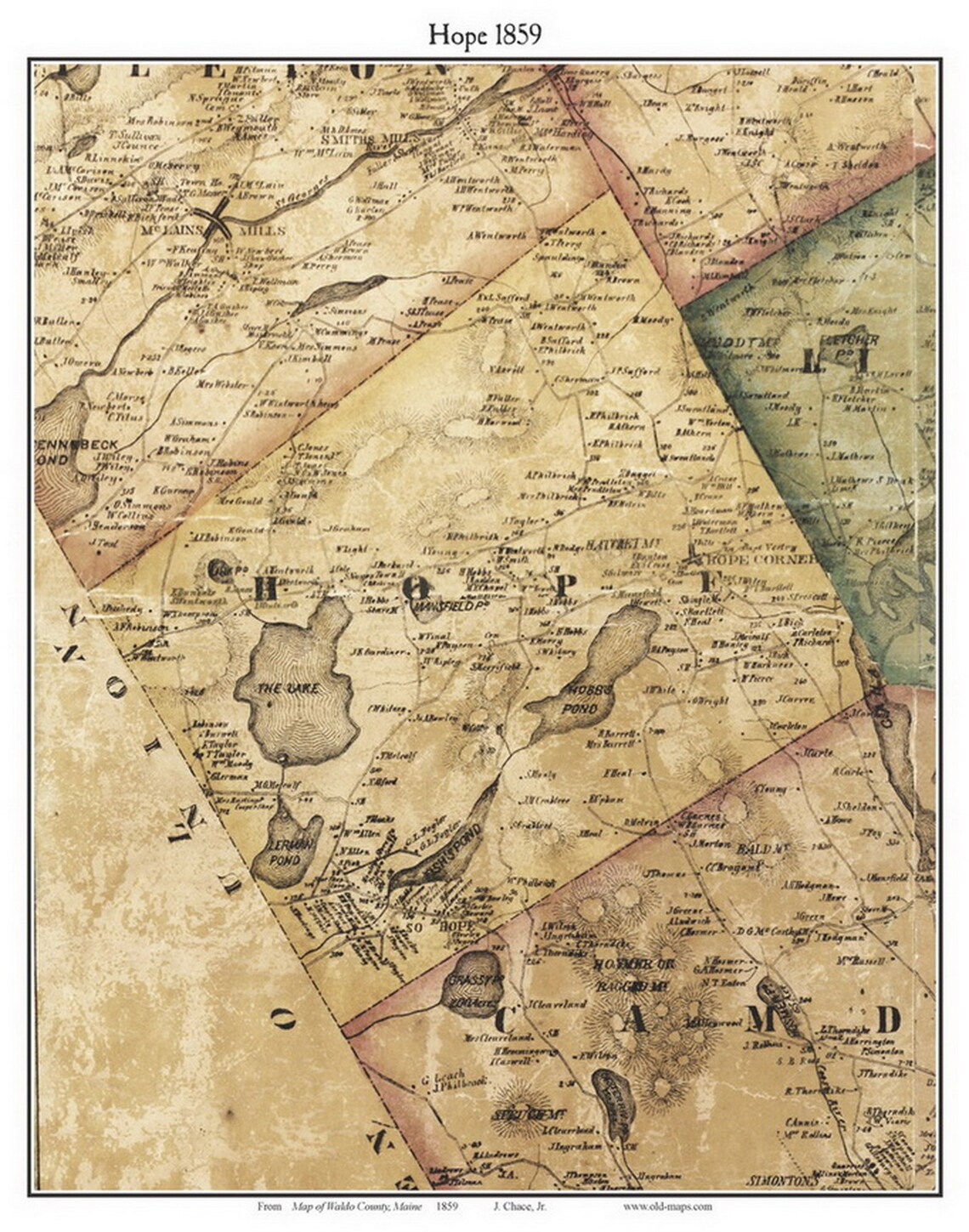 Hope 1859 Old Town Map With Homeowner Names Maine Hobbs Pond - Reprint ...