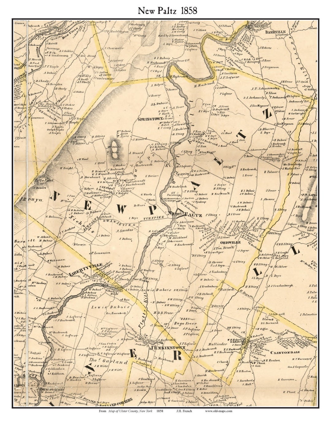 New Paltz New York 1858 Map Homeowners Names Springtown Ohioville ...