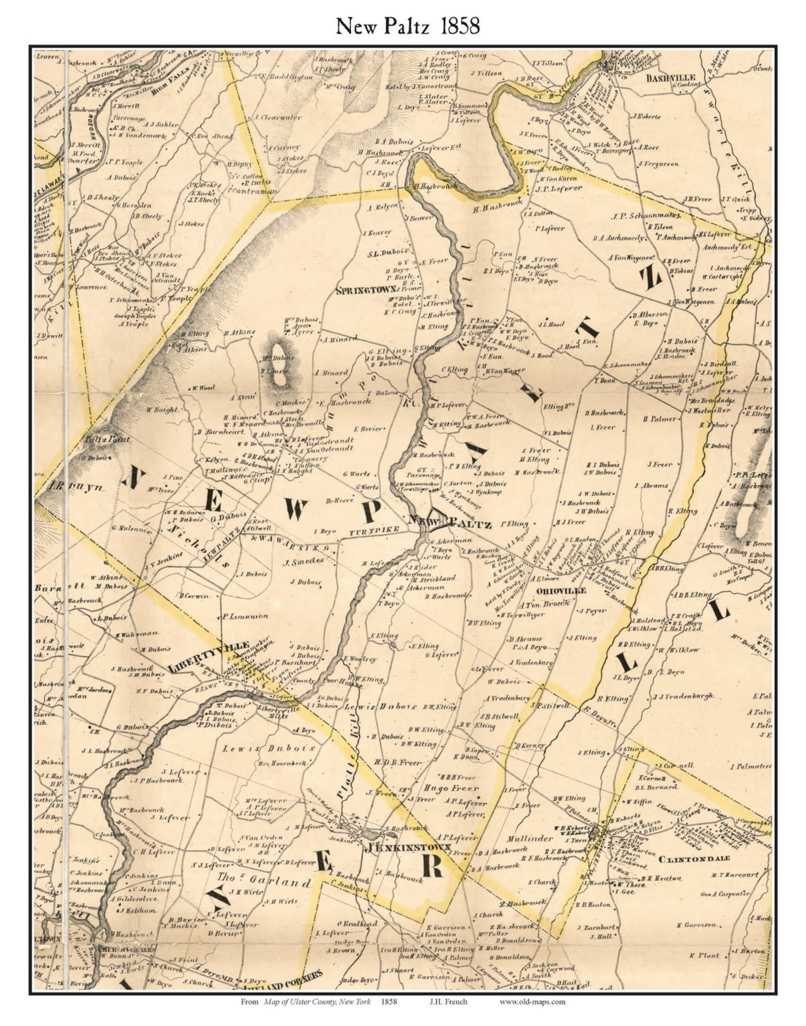 New Paltz New York 1858 map Homeowners names Springtown | Etsy