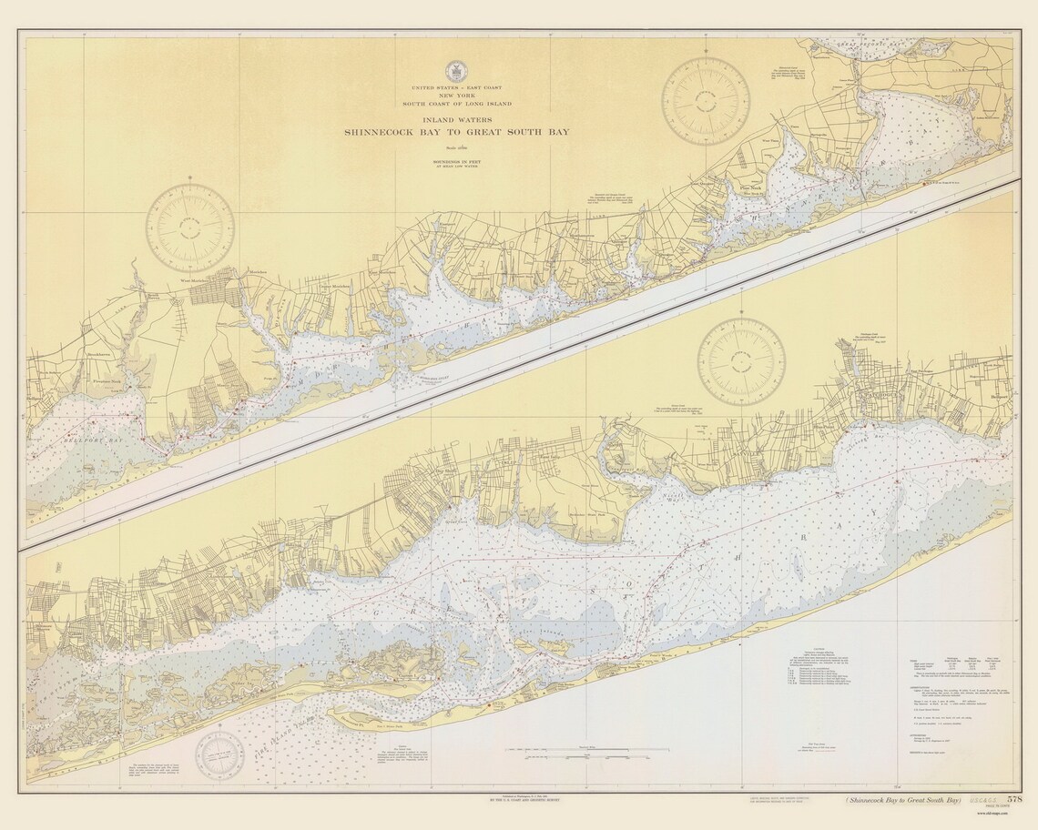 Shinnecock Bay to Great South Bay, NY 1938 Nautical Map - Inland Waters ...