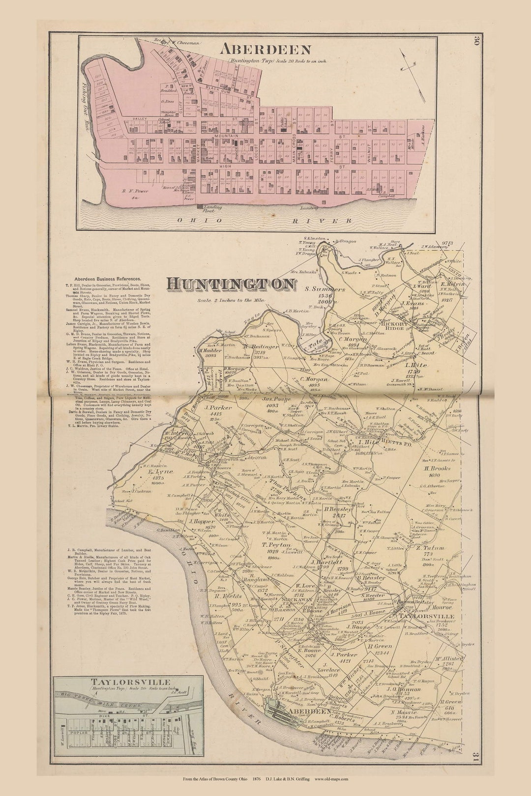 Huntington 1876 - Old Town Map Reprint - Aberdeen & Taylorsville, Brown ...