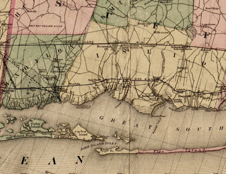 Long Island Suffolk County NY 1873 Map by Beers Comstock & | Etsy