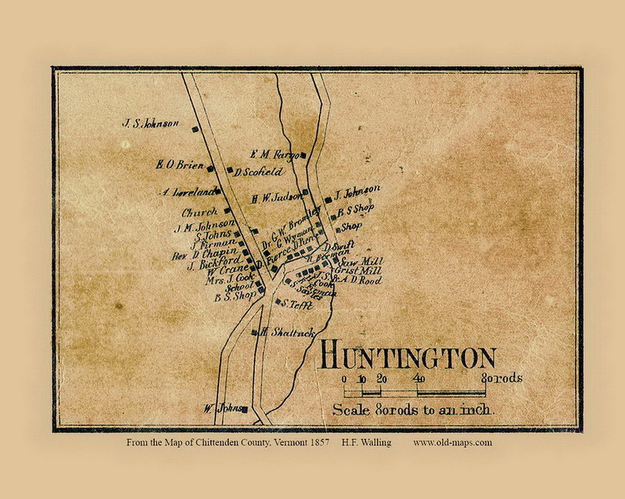 Huntington Village 1857 Old Town Map With Homeowner Names Vermont ...