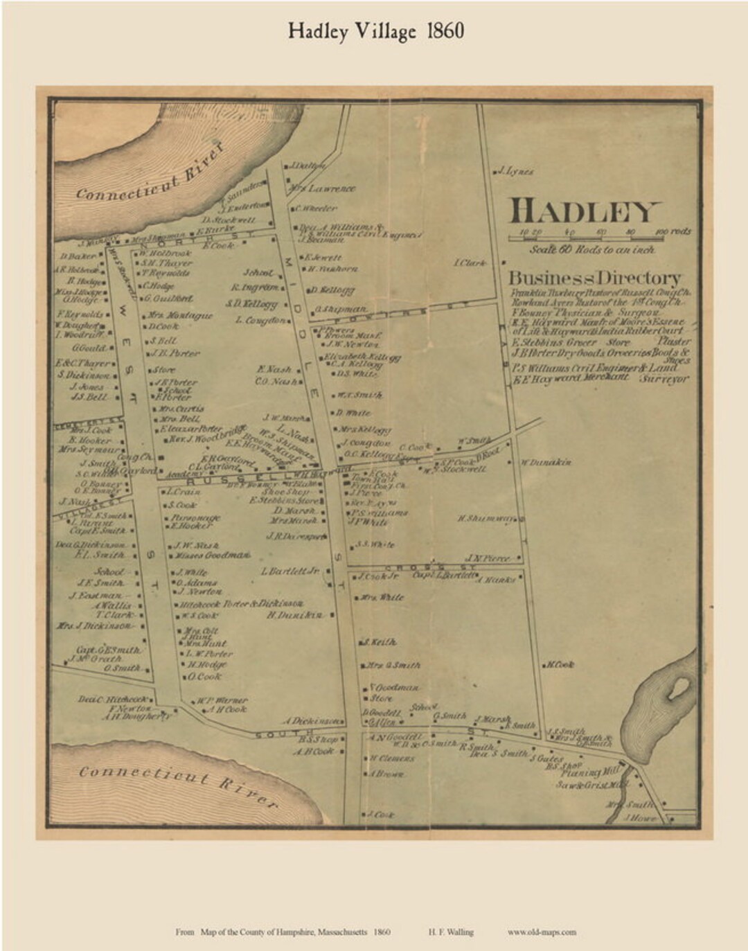 Hadley Village 1860 Old Town Map With Homeowner Names Massachusetts ...