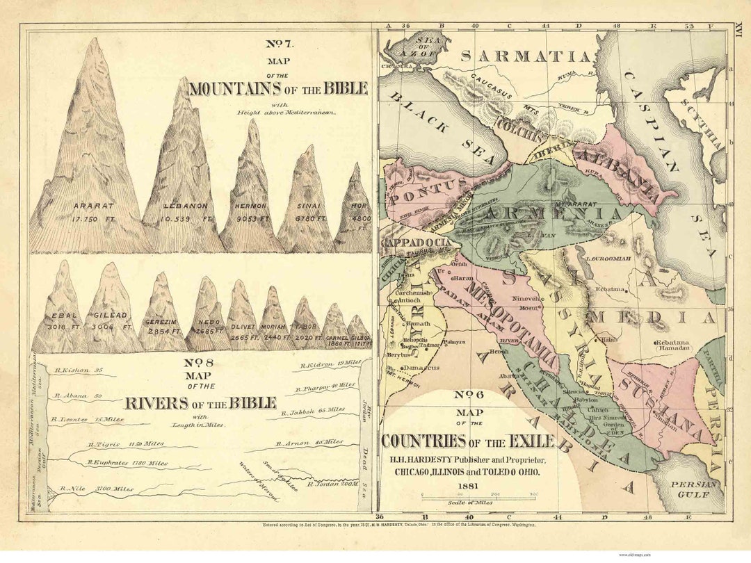 Bible Mountains and Rivers Lands of Exile 1881 Old Map Reprint Middle ...