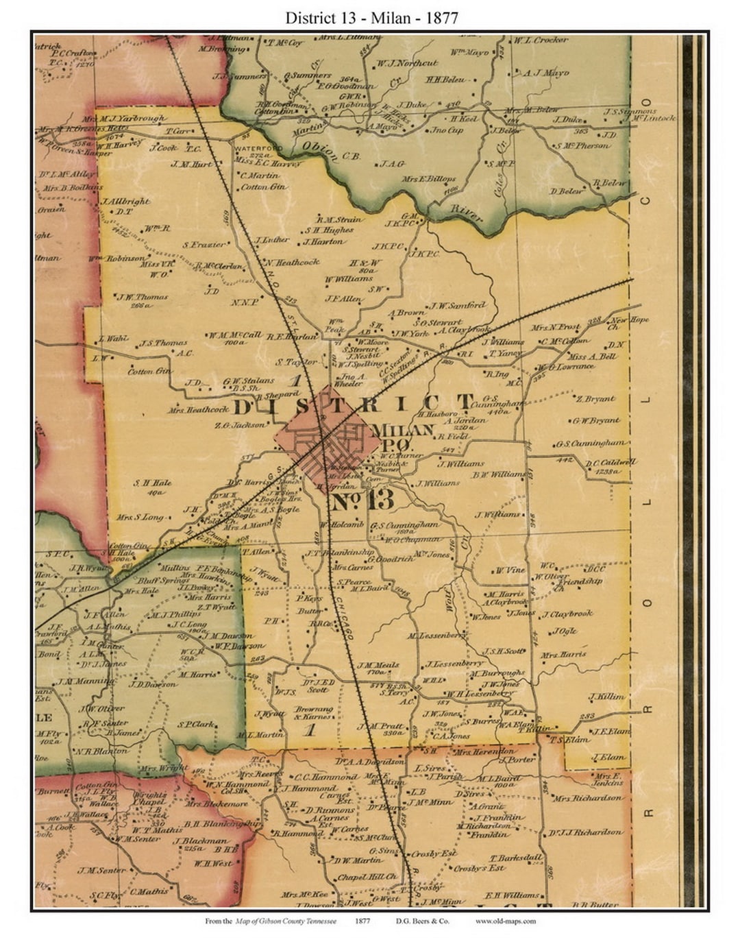 District 13 Milan 1877 Old Town Map With Homeowner Names Tennessee ...
