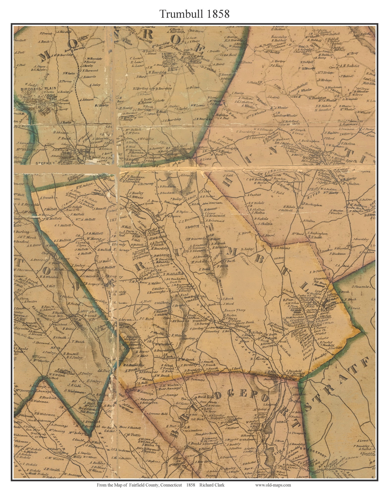 Trumbull Connecticut 1858 Old Town Map With Homeowner Names Reprint ...