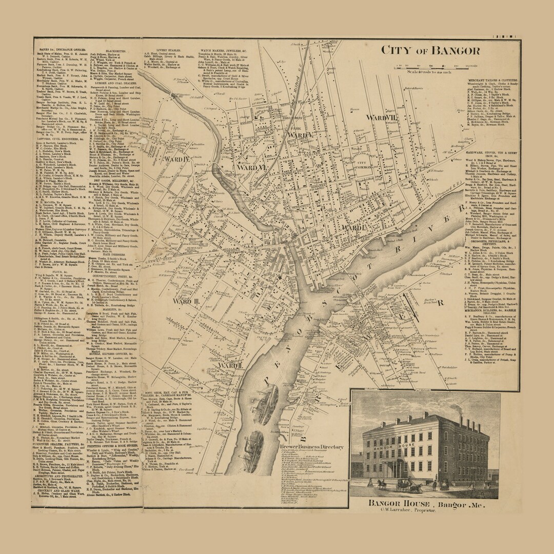 Bangor City 1859 Old Town Map With Homeowner Names Maine - Reprint ...