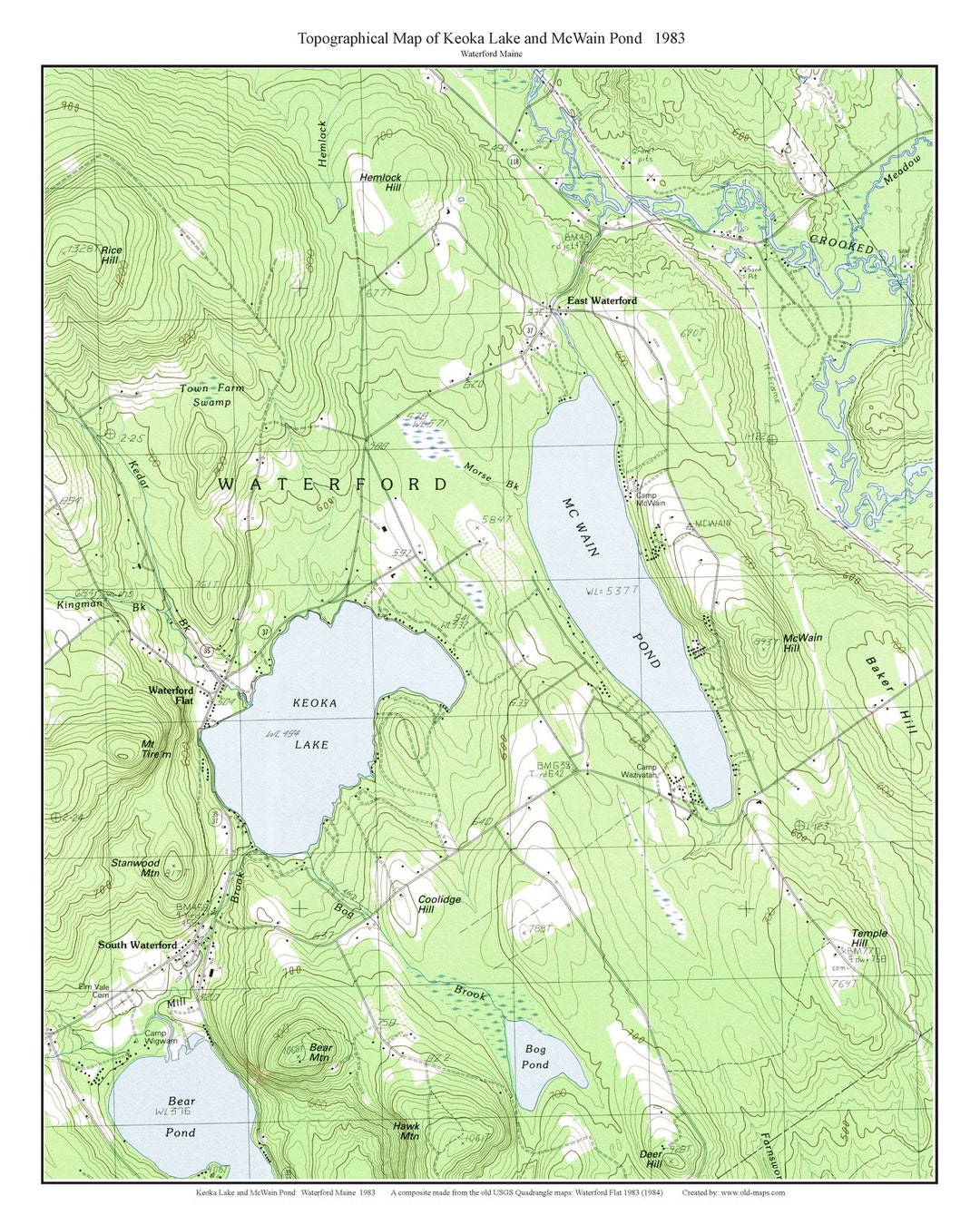 Keoka Lake and Mcwain Pond 1983 Old Map USGS - Waterford - Custom ...