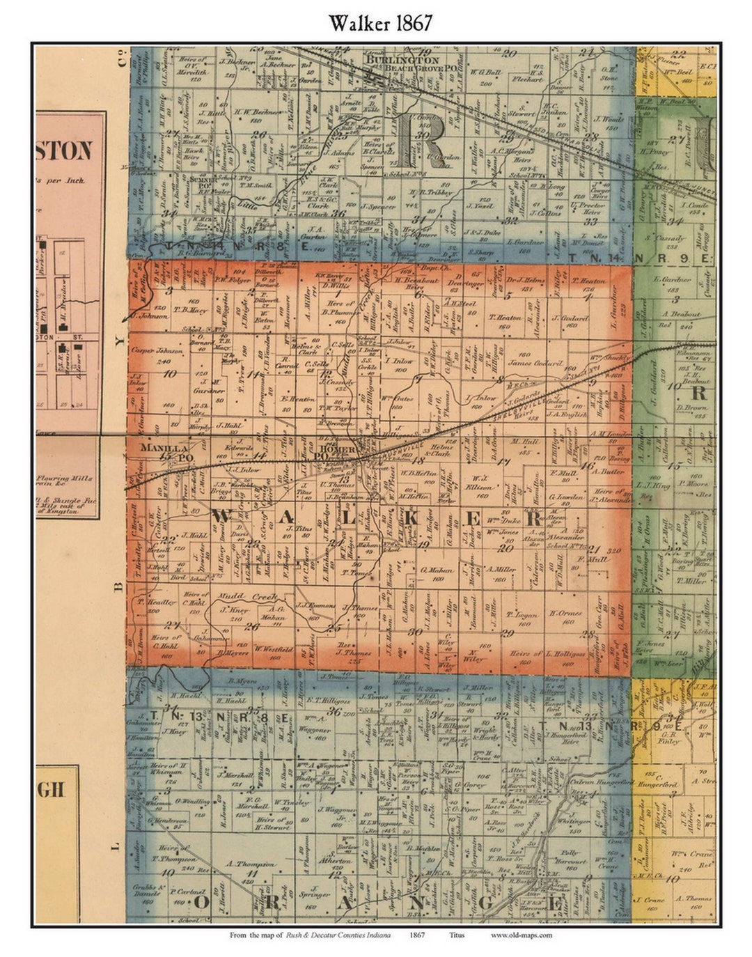 Walker 1867 Old Town Map With Homeowner Names Indiana Manilla Homer ...