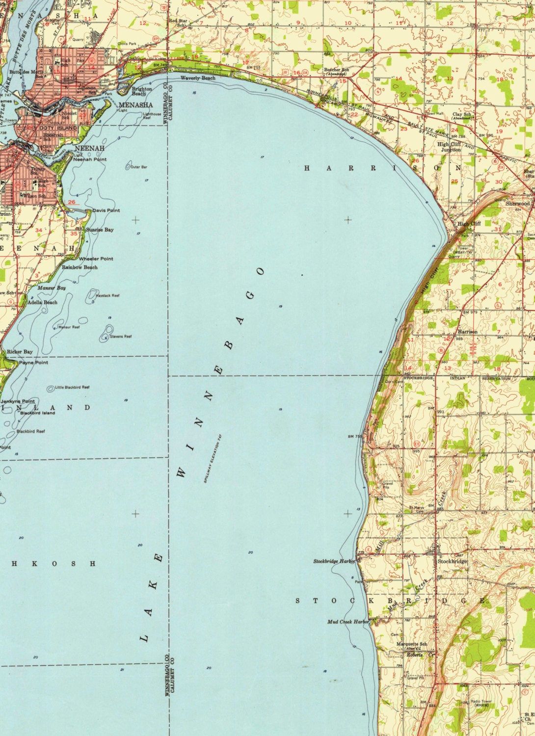 Lake Winnebago ca 1960 Old Topographic Map USGS Custom | Etsy