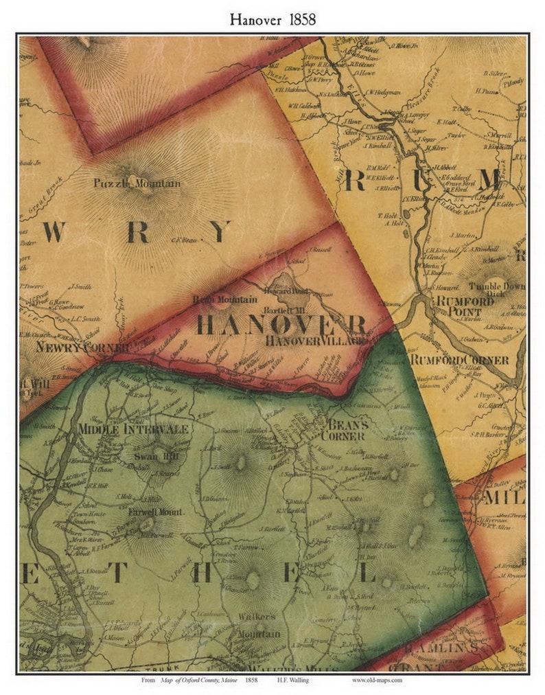 Hanover 1858 Old Town Map With Homeowner Names Maine Reprint | Etsy