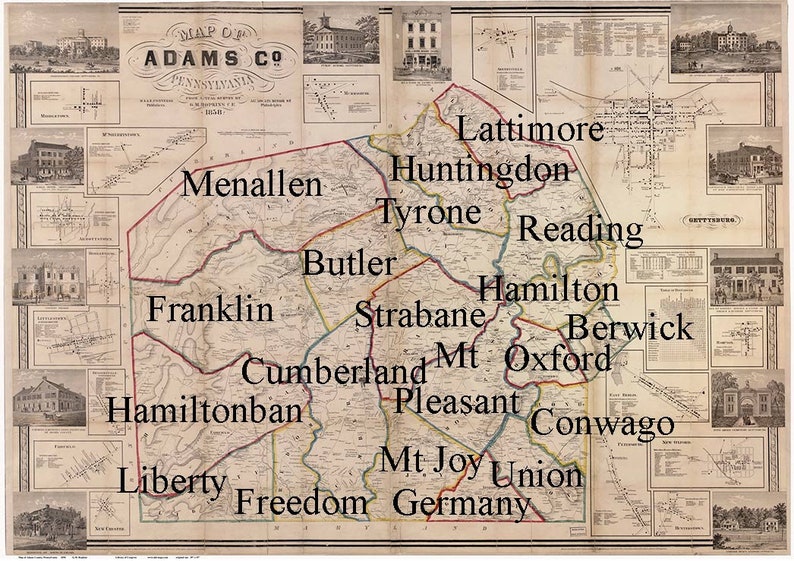 Adams County Pennsylvania 1858 Old Wall Map With Homeowner Names ...