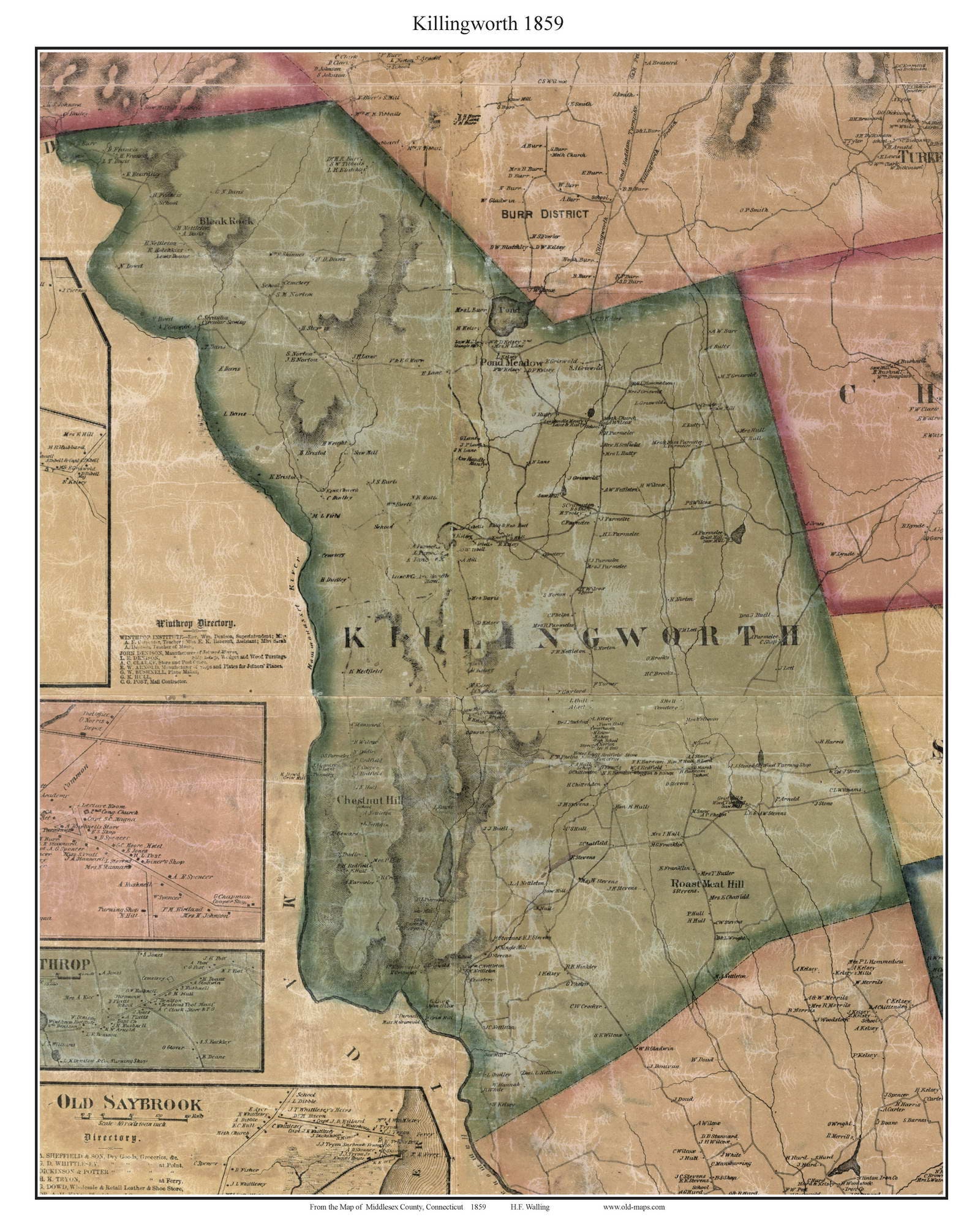 Killingworth 1859 Old Town Map With Homeowner Names Connecticut Reprint ...