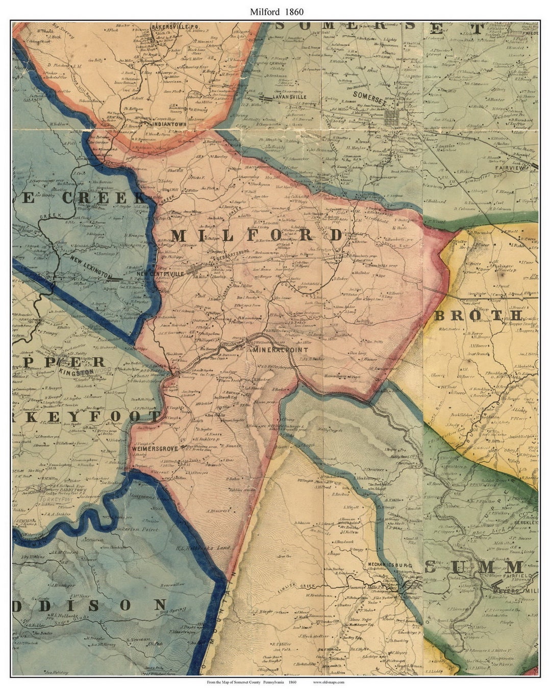 Milford 1860 Old Town Map With Homeowner Names - Pennsylvania - Reprint ...