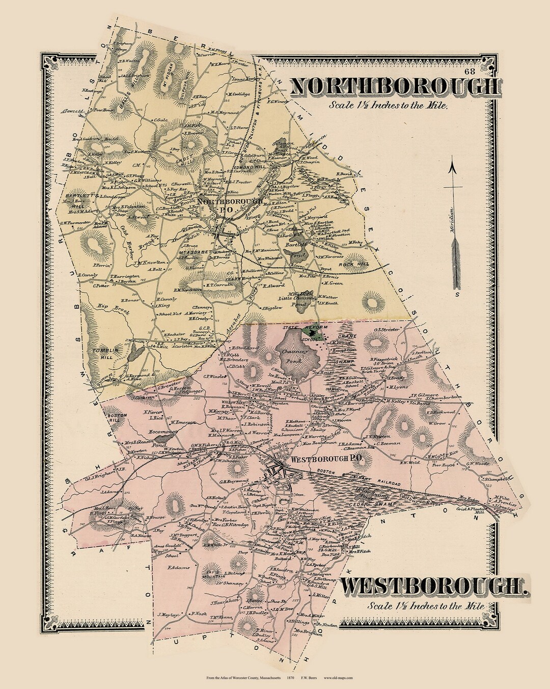 Northborough & Westborough 1870 Old Town Map With Homeowner Names ...