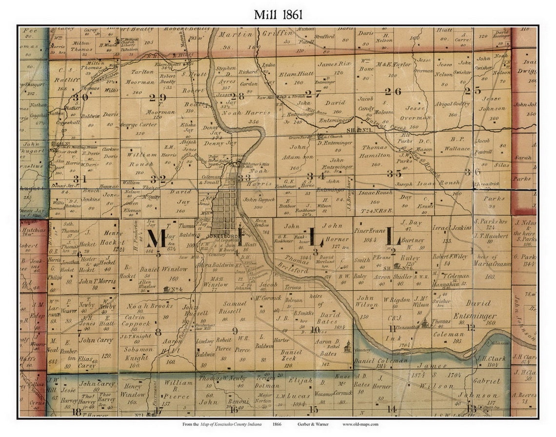 Mill 1861 Old Town Map With Homeowner Names Indiana Jonesboro - Etsy