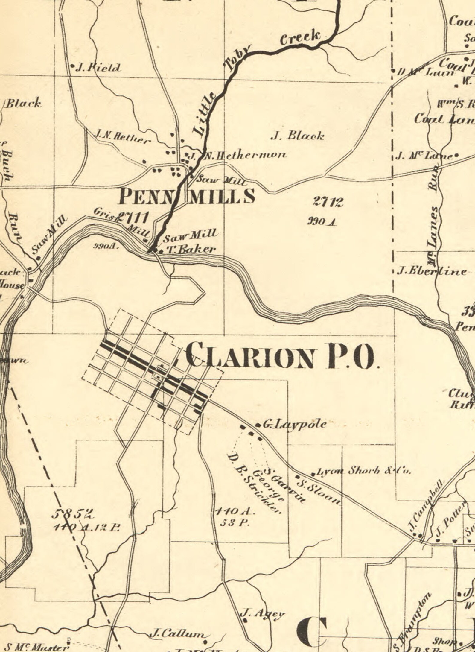 Clarion County Pennsylvania 1865 BW - Old Wall Map With Homeowner Names ...