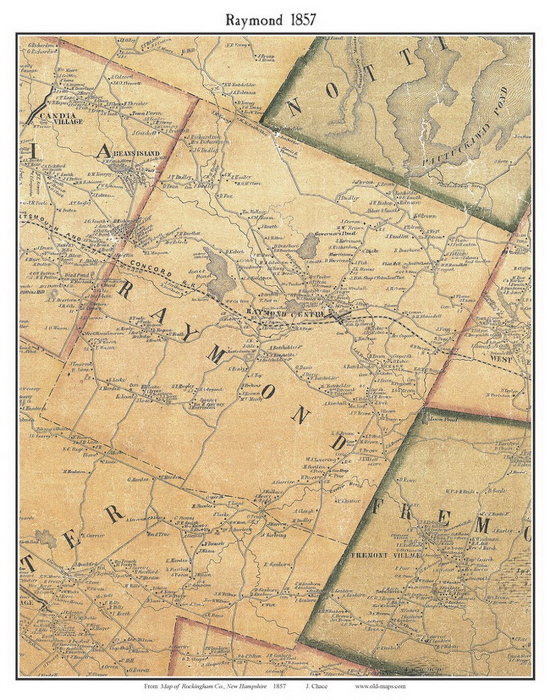 Raymond 1857 Old Town Map With Homeowner Names New Hampshire - Reprint ...