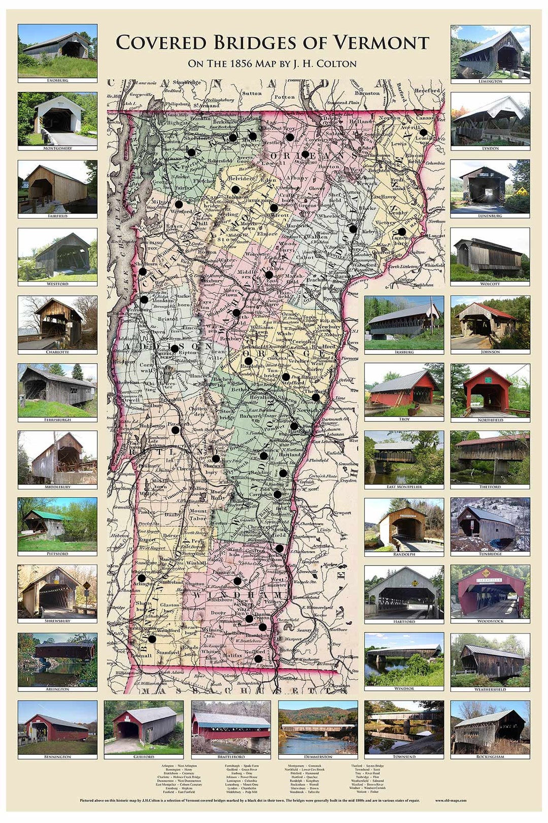 Covered Bridges of Vermont - 1856 Colton Map - 2014 Publication - Old ...