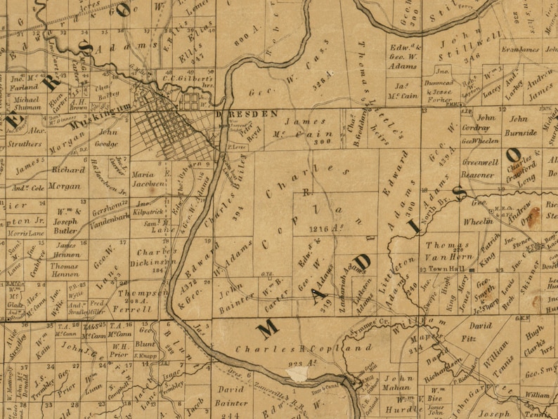 Muskingum County Ohio 1852 - Old Wall Map Reprint With Homeowner Names ...