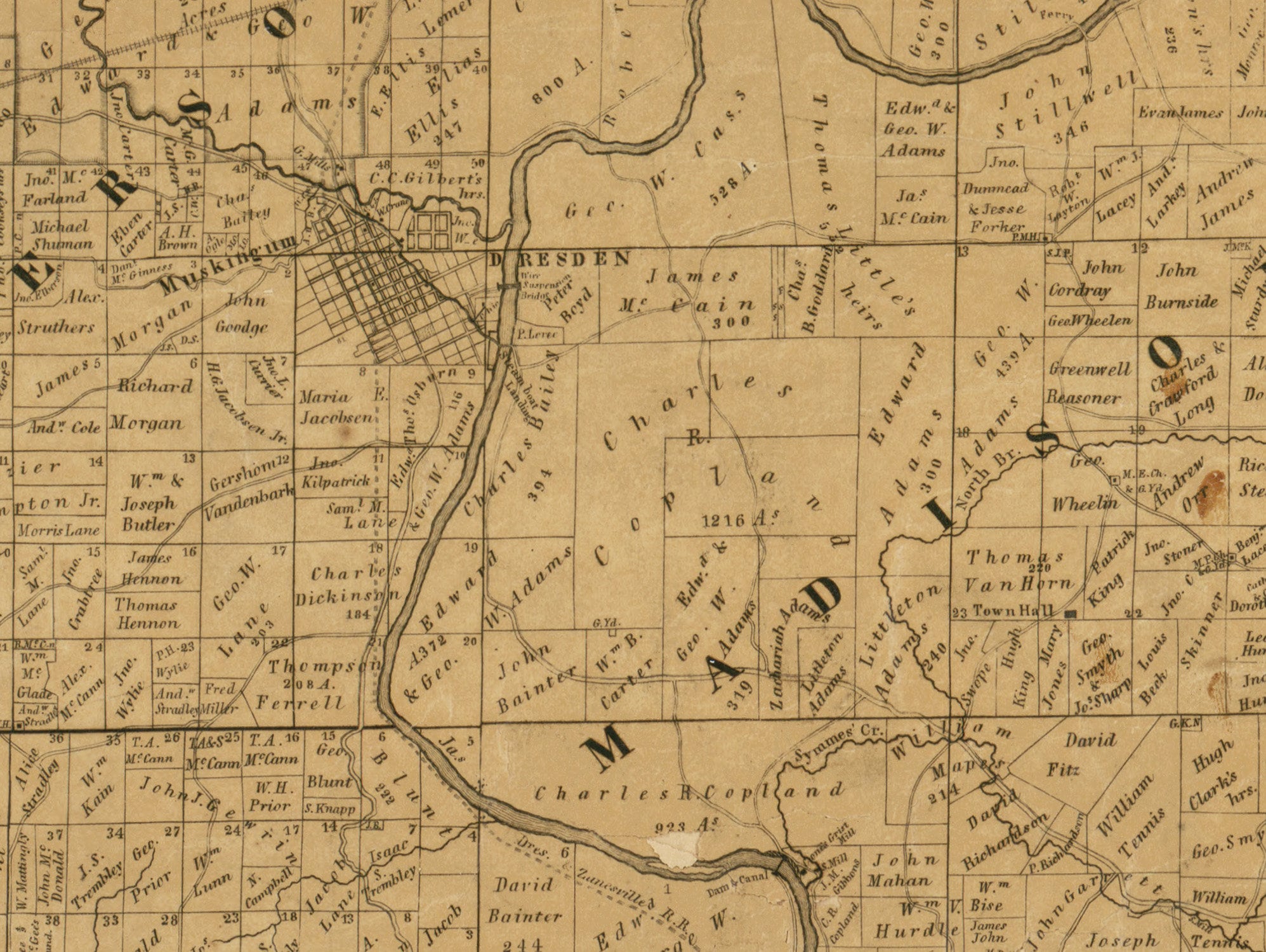Muskingum County Ohio 1852 - Old Wall Map Reprint With Homeowner Names ...