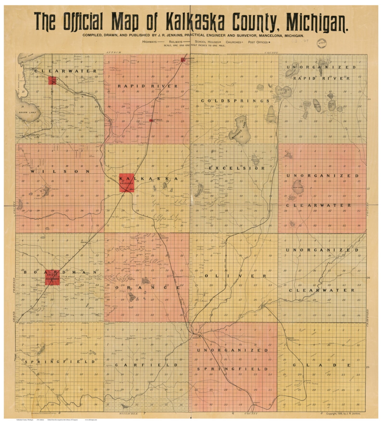 Kalkaska County Michigan 1898 Wall Map Reprint With - Etsy
