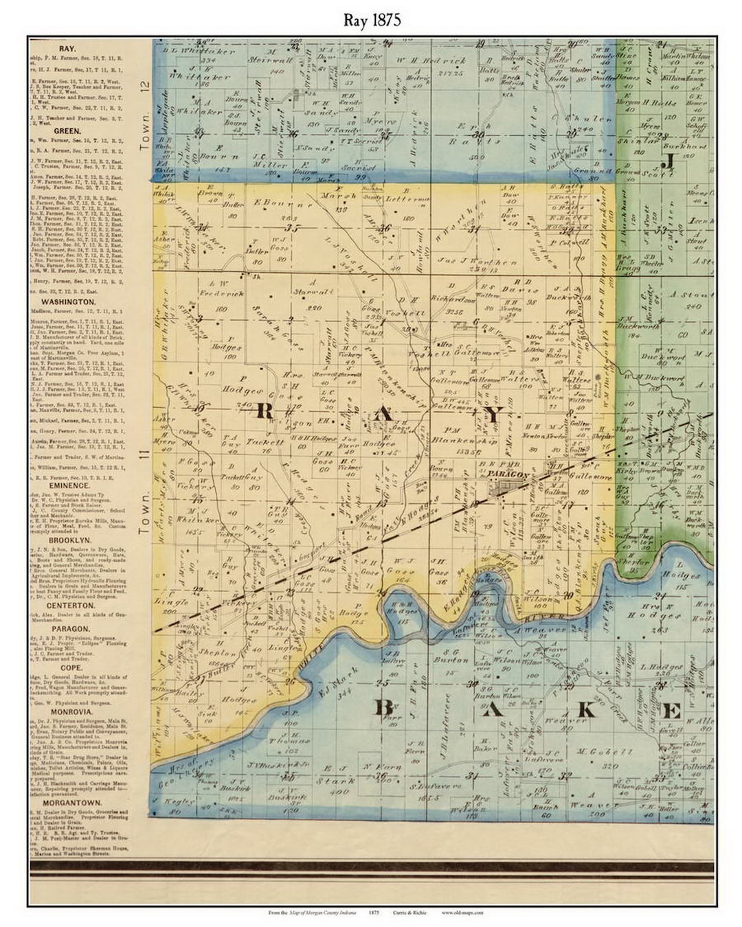 Ray 1875 Old Town Map With Homeowner Names Indiana - Reprint Genealogy ...