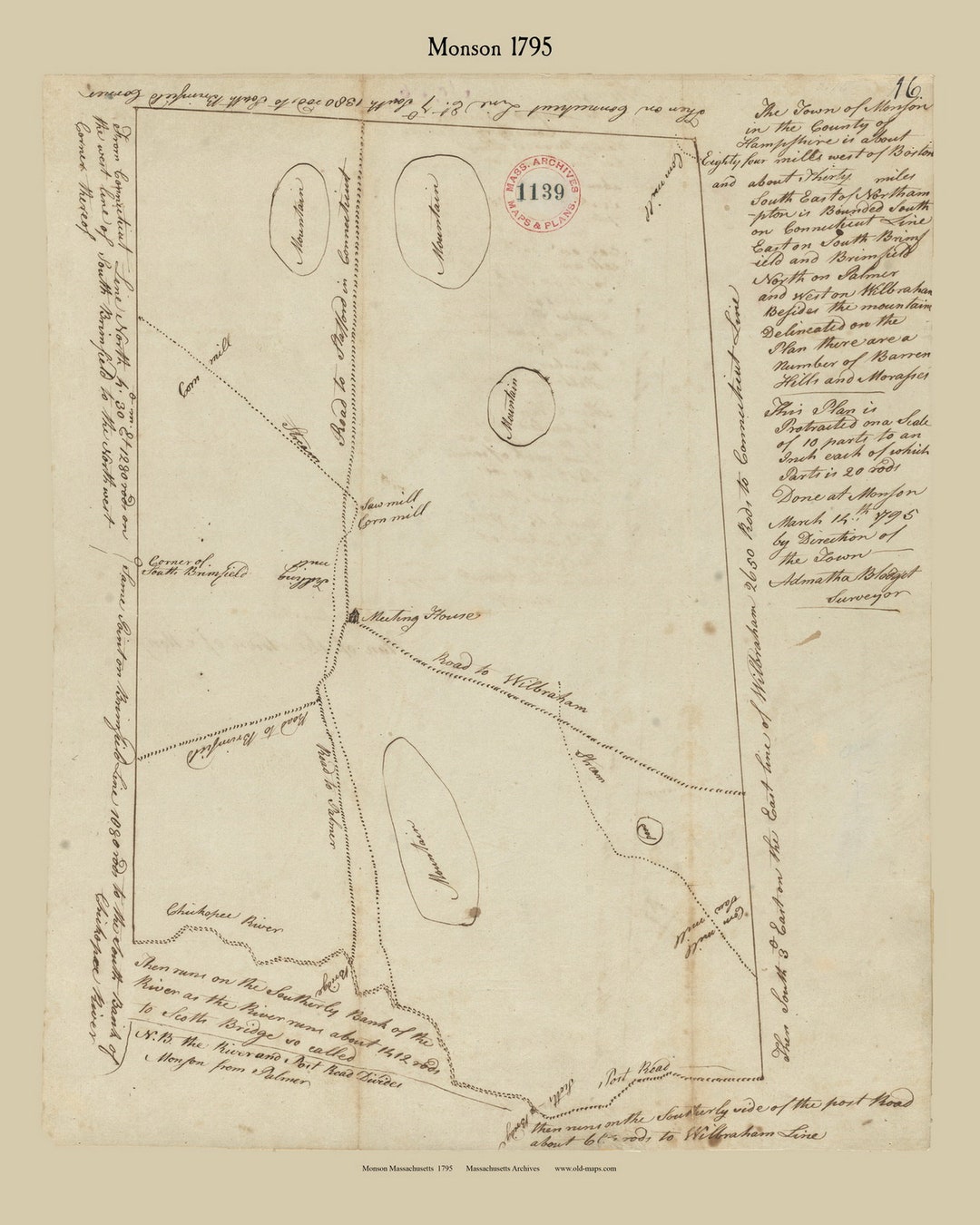 Monson 1795 Town Plan - Old Roads Reprint Massachusetts Archives - MA ...