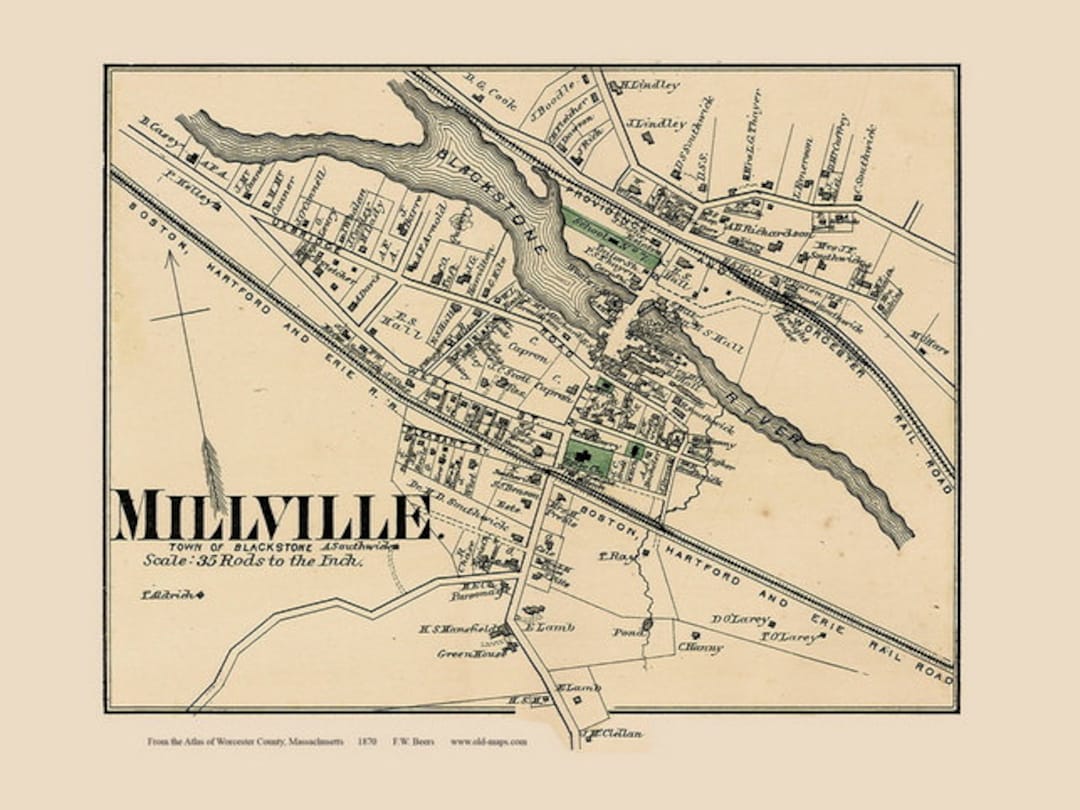 Millville 1870 Old Town Map With Homeowner Names Massachusetts - Custom ...