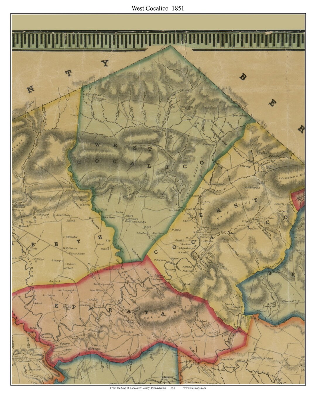 West Cocalico 1851 Old Town Map With Homeowner Names - Pennsylvania ...