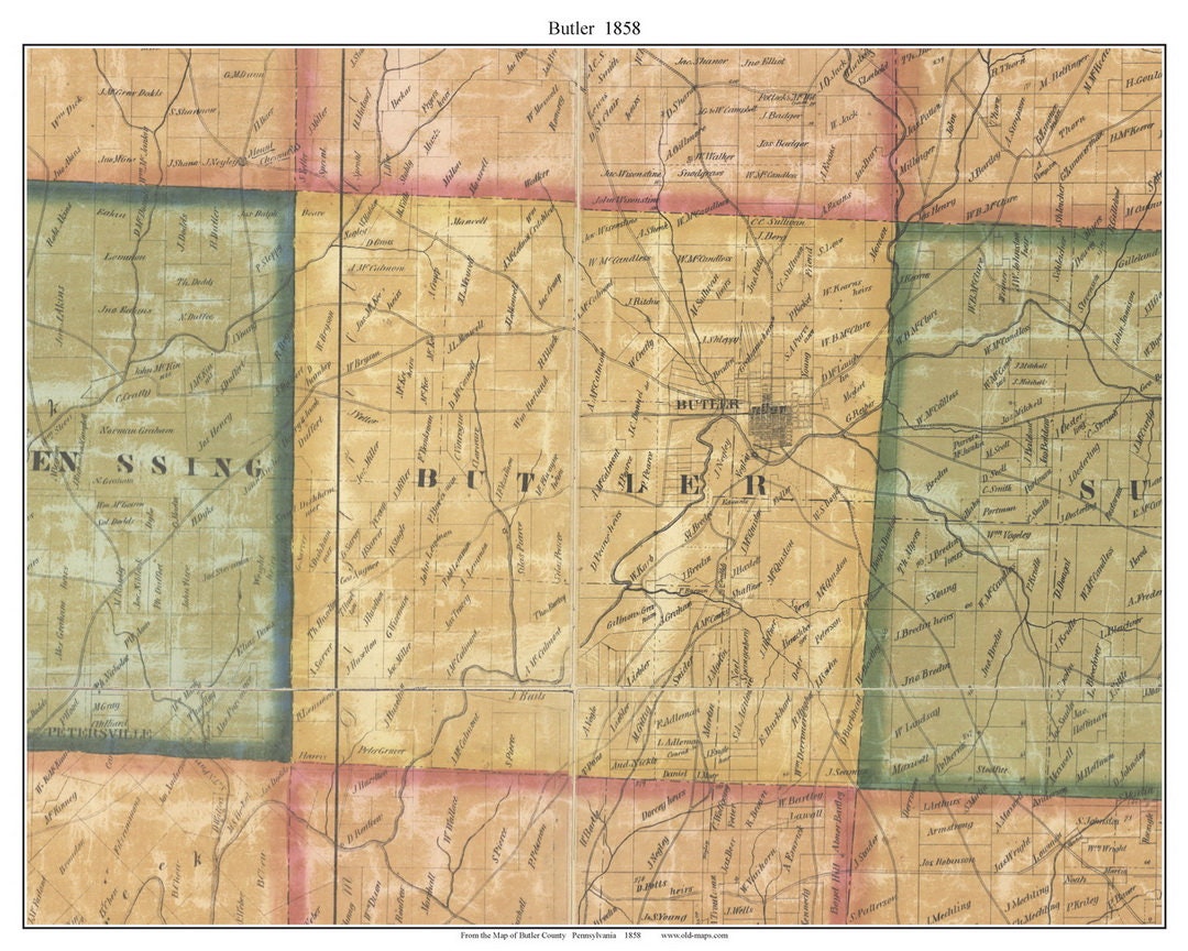 Butler Township 1858 Old Town Map With Homeowner Names - Pennsylvania ...