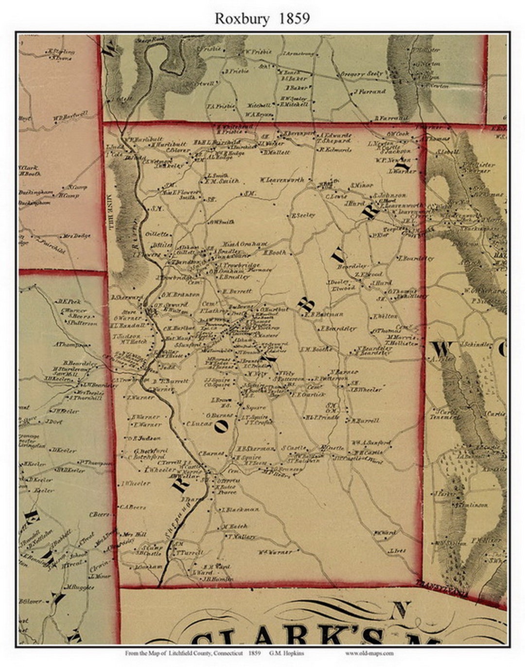 Roxbury 1859 Old Town Map With Homeowner Names Connecticut - Reprint ...