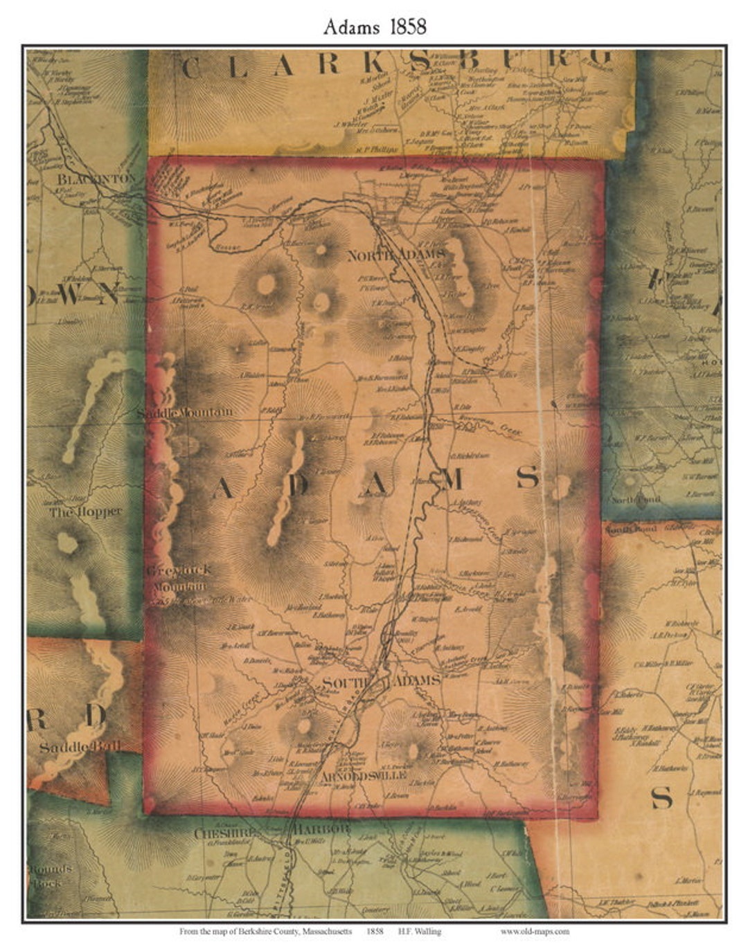 Adams 1858 Old Town Map With Homeowner Names Greylock Massachusetts ...