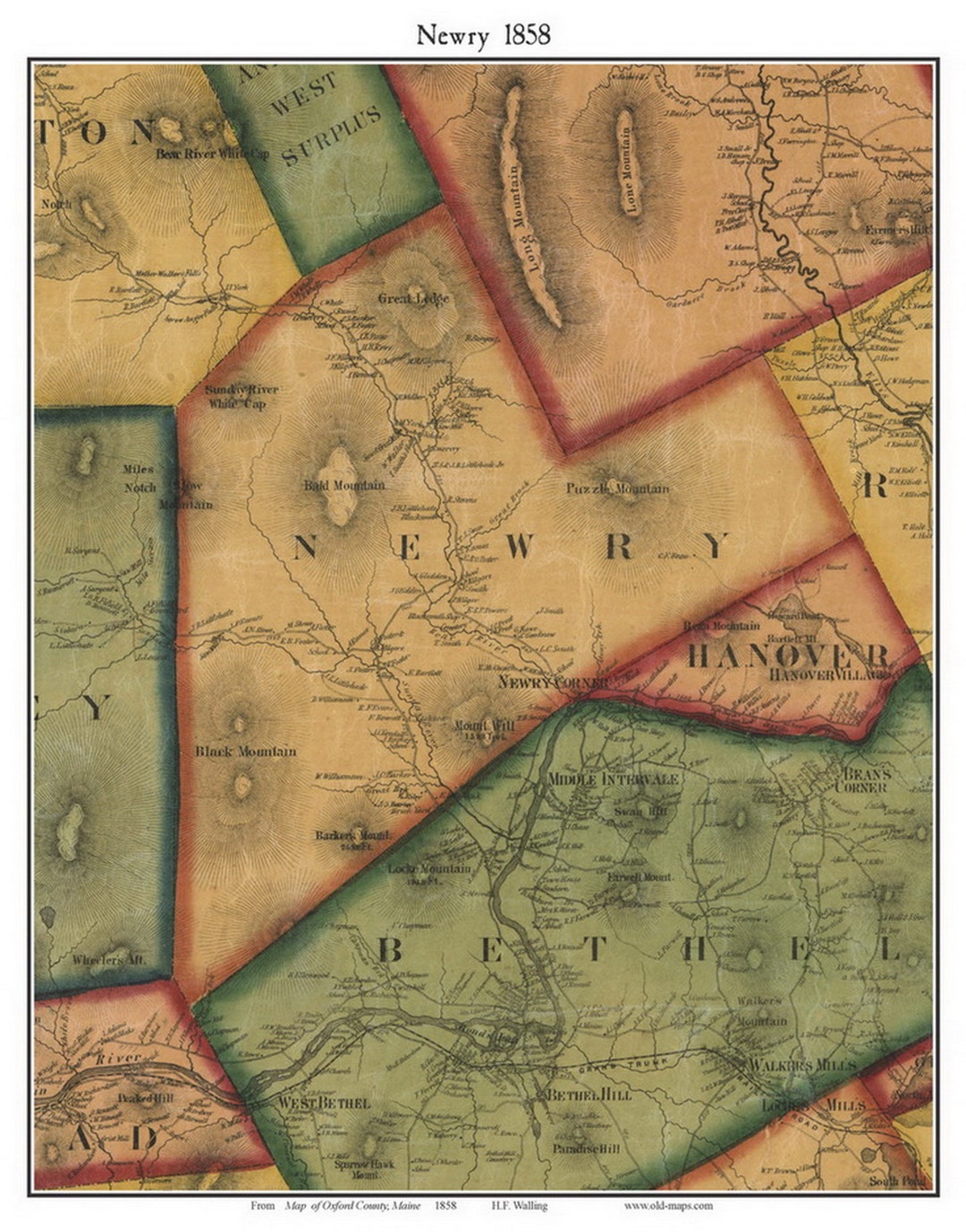 Newry 1858 Old Town Map With Homeowner Names Maine - Reprint Genealogy ...
