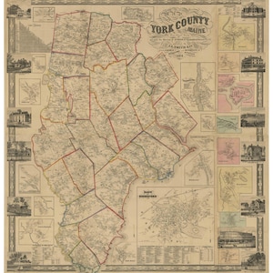 York County Maine 1856 - Old Wall Map Reprint With Homeowner Names ...