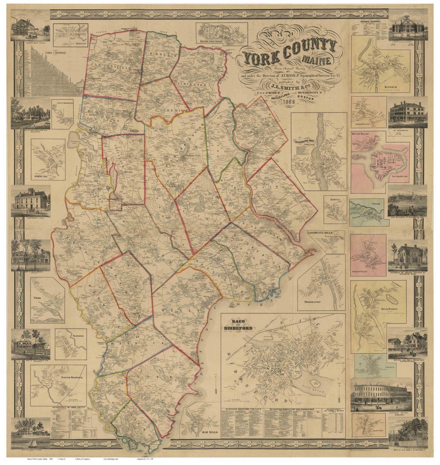 York County Maine 1856 - Old Wall Map Reprint With Homeowner Names ...