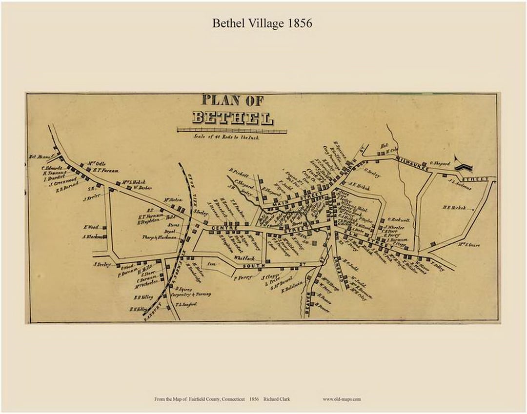 Bethel Village 1856 Old Town Map With Homeowner Names Connecticut ...