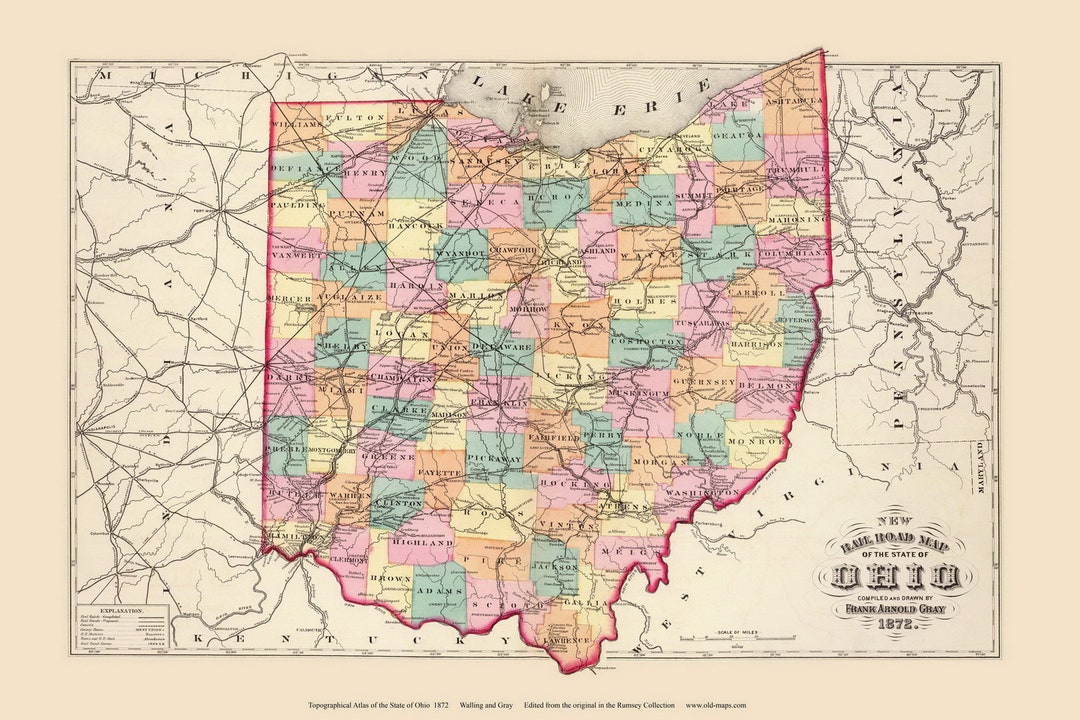 Ohio Railroad 1872 Old State Map Reprint Ohio State Atlas - Etsy