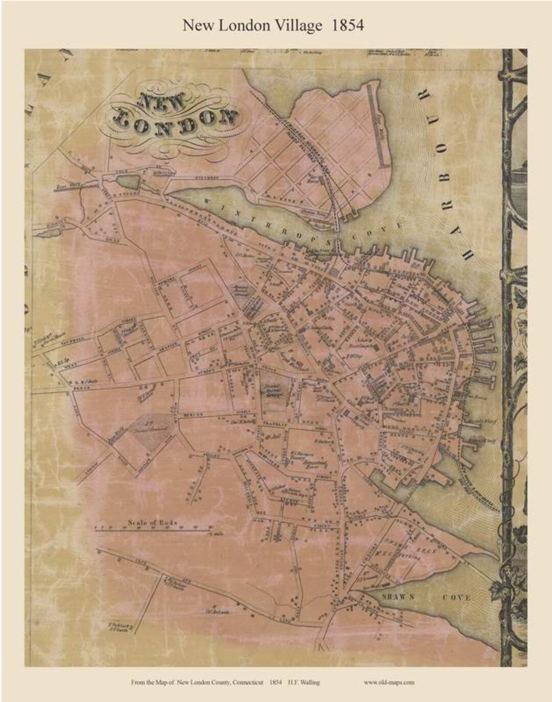 New London Village Connecticut 1854 Old Town Map With Homeowner Names ...