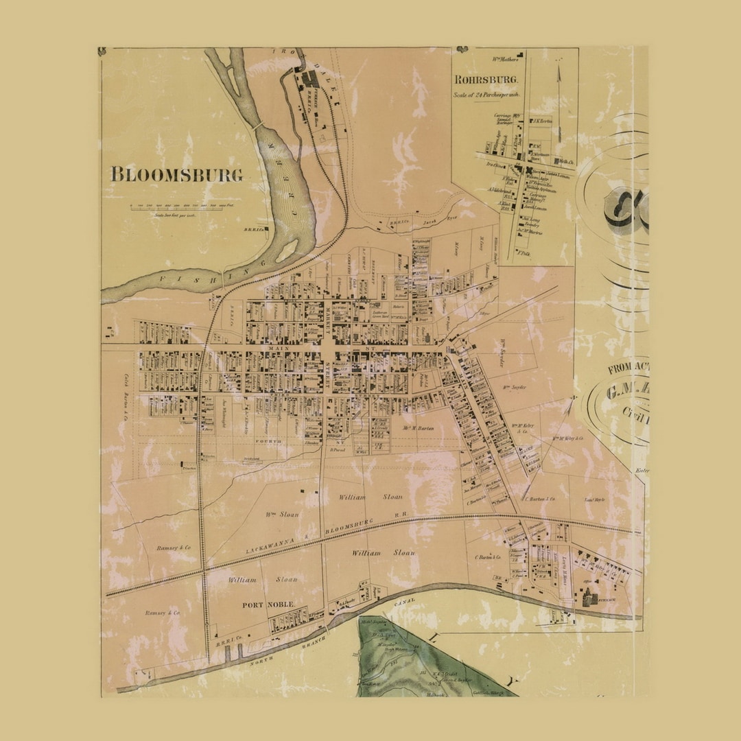 Bloomsburg 1860 Old Town Map With Homeowner Names Bloom - Pennsylvania ...