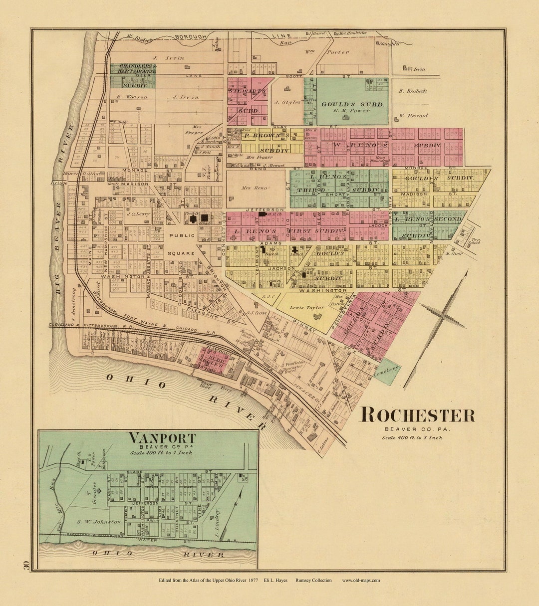 Rochester Vanport 1877 Old Town Map Beaver County Pennsylvania Ohio ...