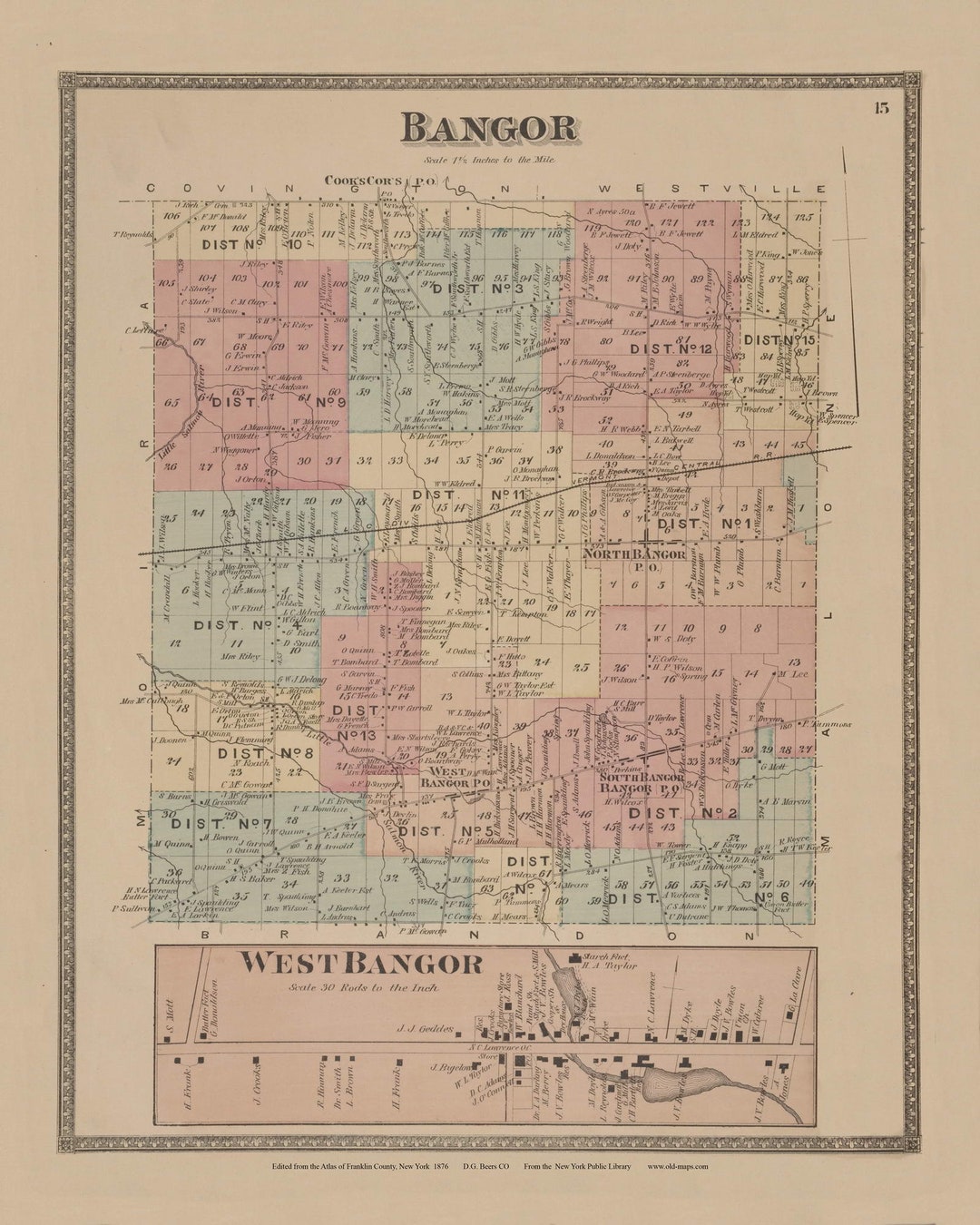 Bangor 1876 - Old Town Map Reprint - Franklin County, New York ...