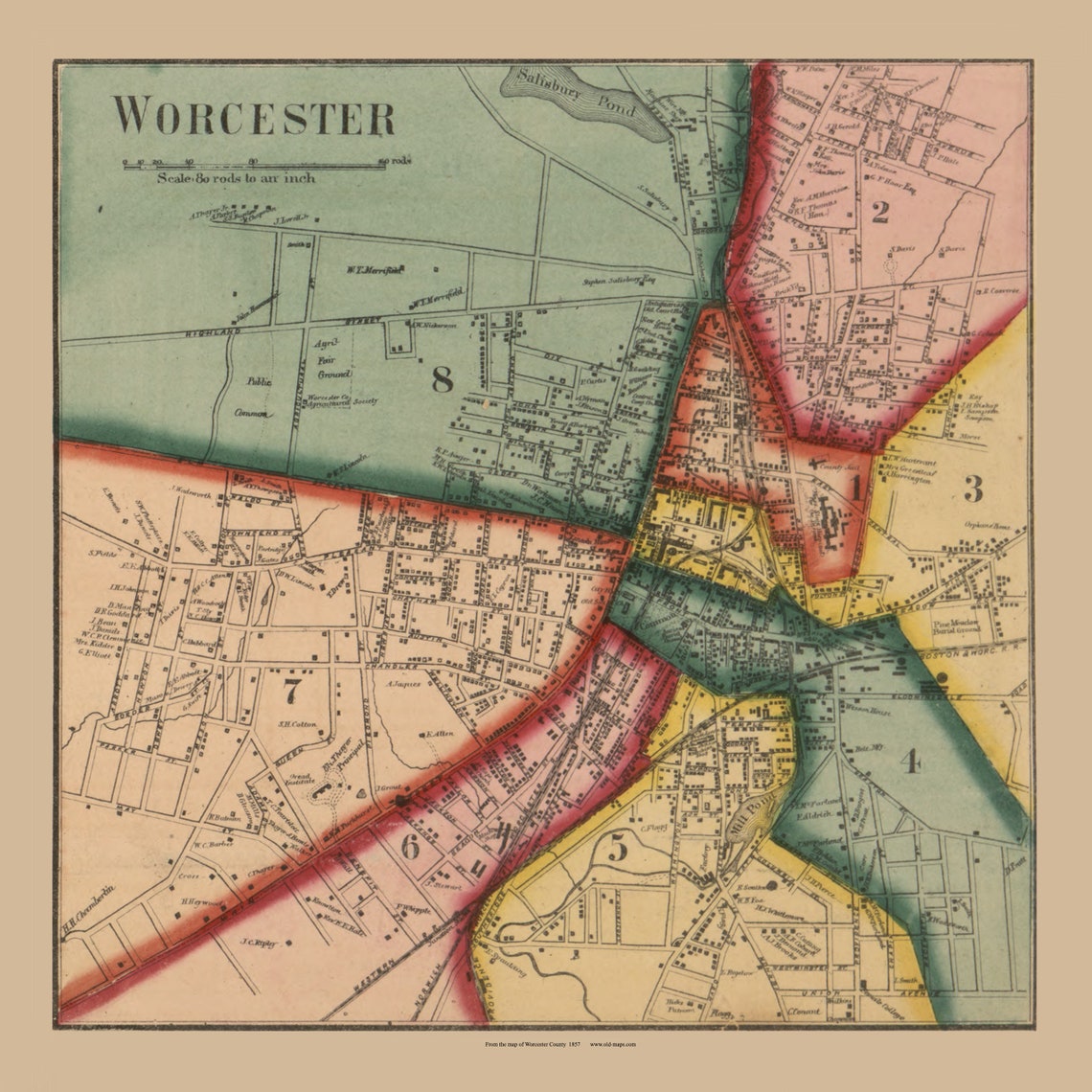Worcester Village 1857 Old Town Map With Homeowner Names - Etsy