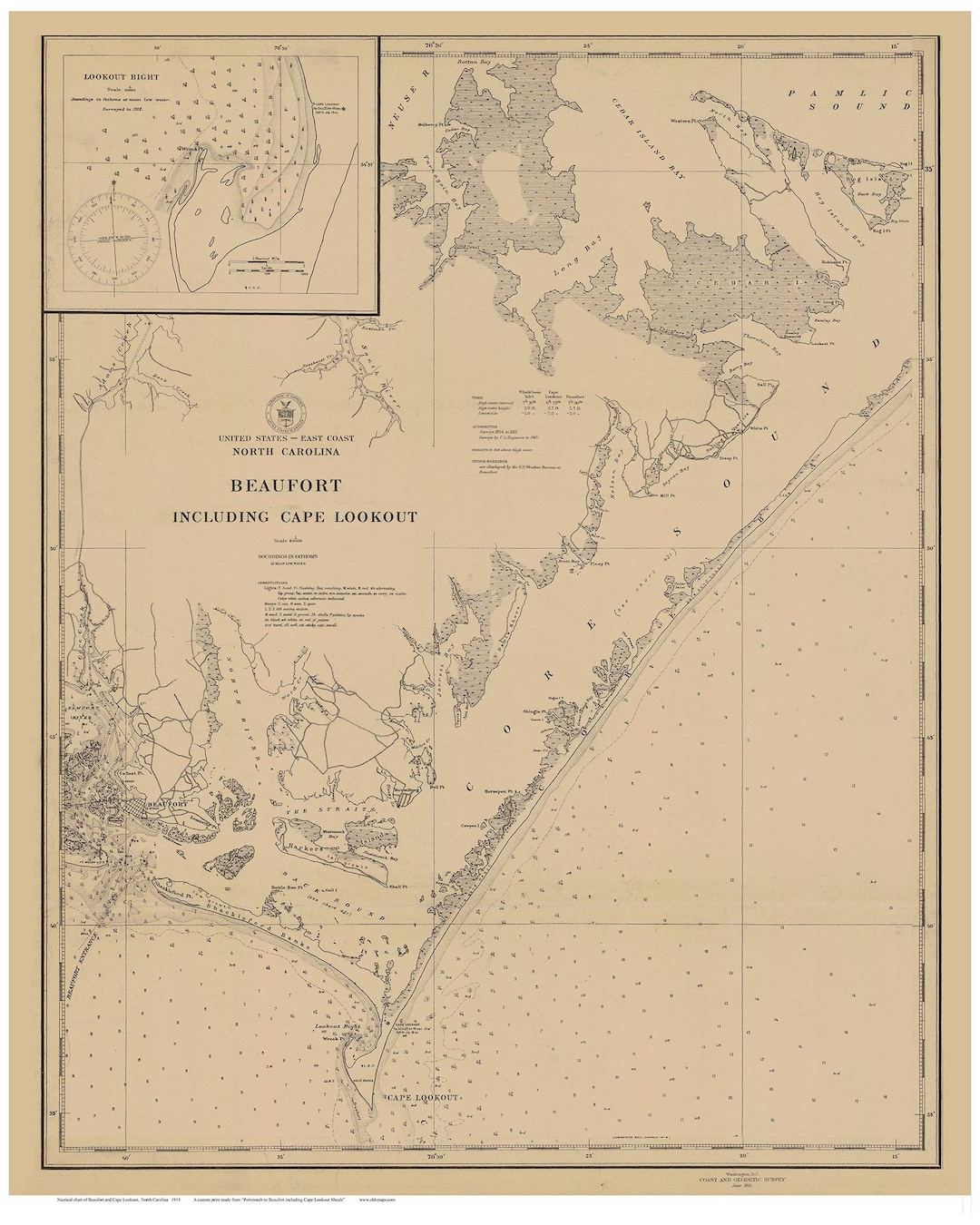 Beaufort and Cape Lookout 1915 - Nautical Map North Carolina - Custom ...